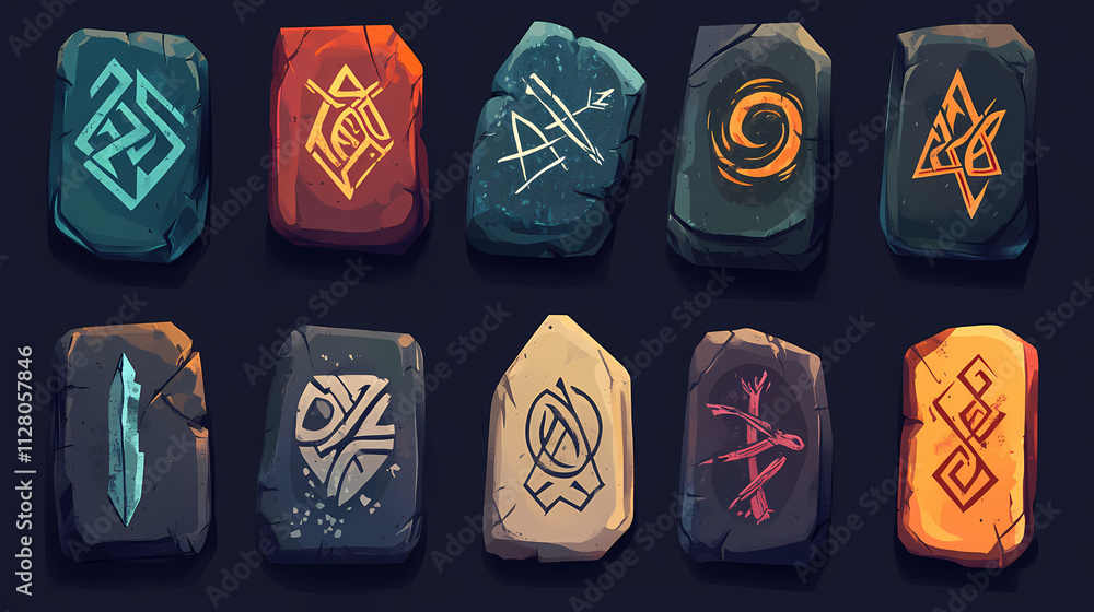 Photo & Art Print Ancient runes iconography: enigmatic traditional ...
