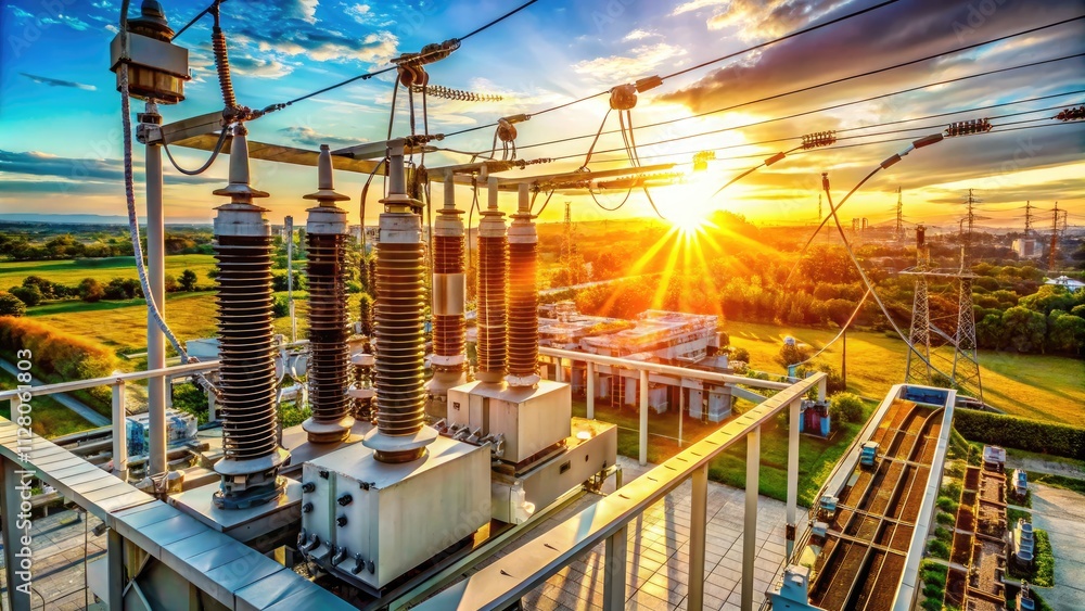 Overhead power lines converge at a high-voltage substation; an aerial ...