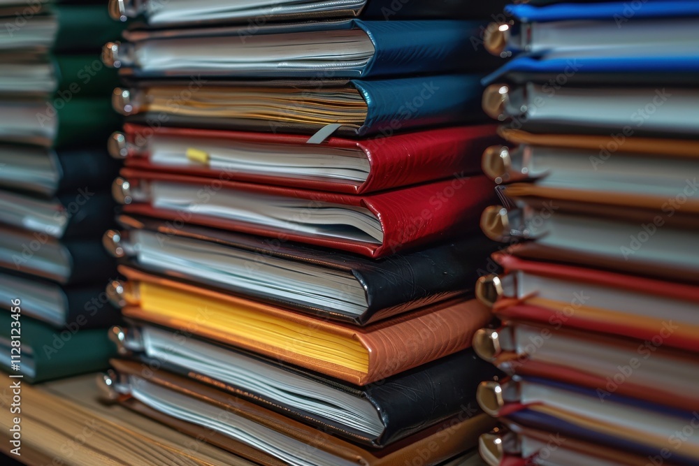 Neatly stacked folders in an office setting showcasing various colors ...