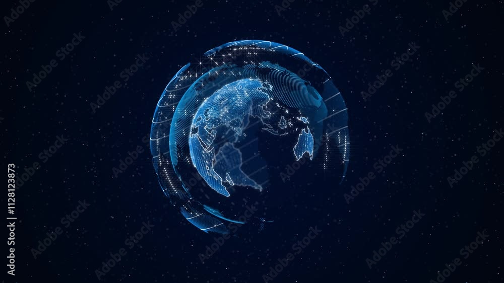 3D Futuristic rotating world globe in particles or small dots. Modern ...