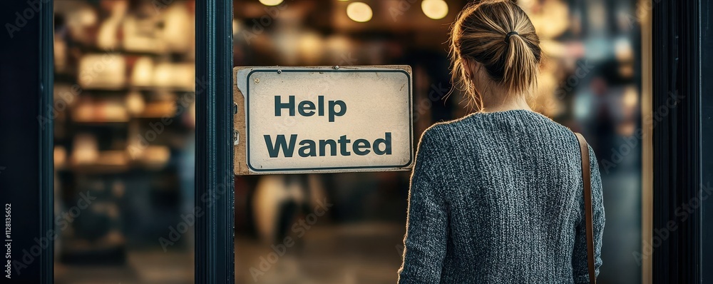 Woman Staring at Help Wanted Sign in a Shop Entrance During Daylight ...