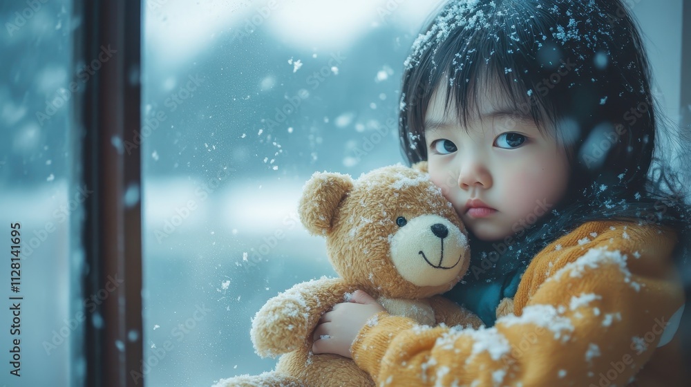 Sad Kid cuddle teddy bear sitting near window and snow fall in the ...