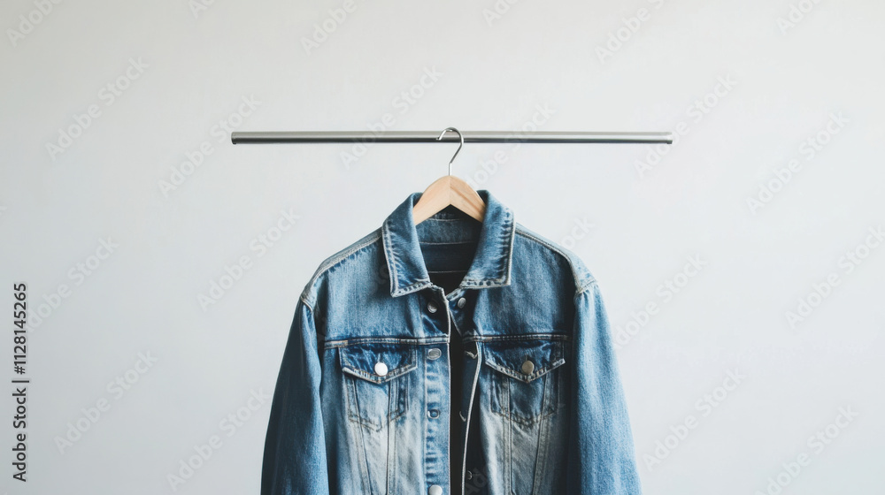 Stylish Denim Jacket Hanging on Simple Rack Against Minimalist ...
