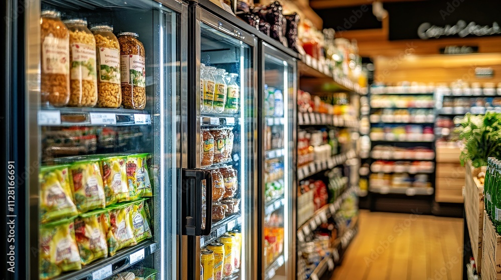 Supermarket aisle with packaged products. Grocery shelves stacked with ...