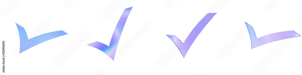 Set of 4 3d glass check mark shape with aberration effect isolated on a ...