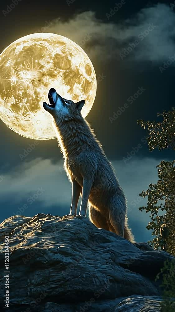 Wolf howling at the moon from a tall rock promontory backlit by the ...