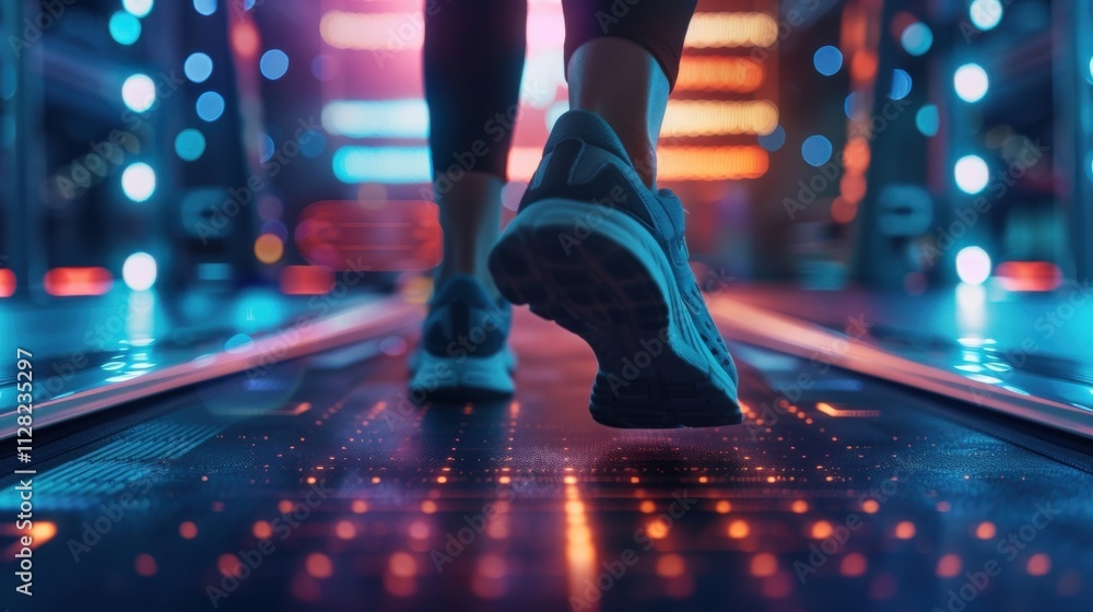 Athlete runs on a high tech treadmill equipped with glowing lights and ...