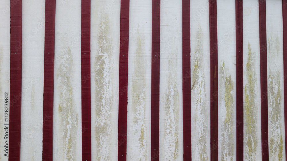 White wooden facade with red slats line stripes board wall wooden ...