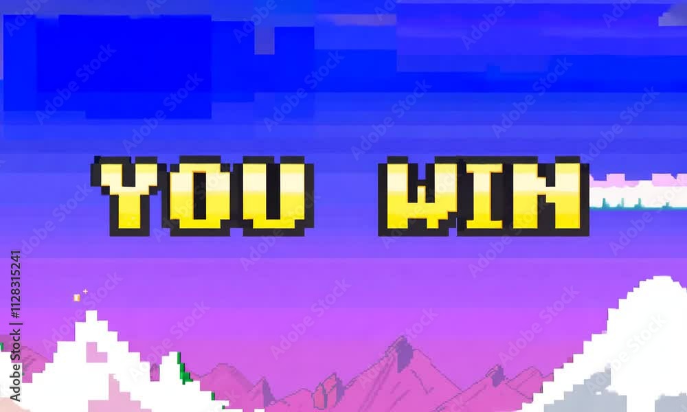 Pixel art text "You Win" with bold yellow letters on a vibrant blue and ...