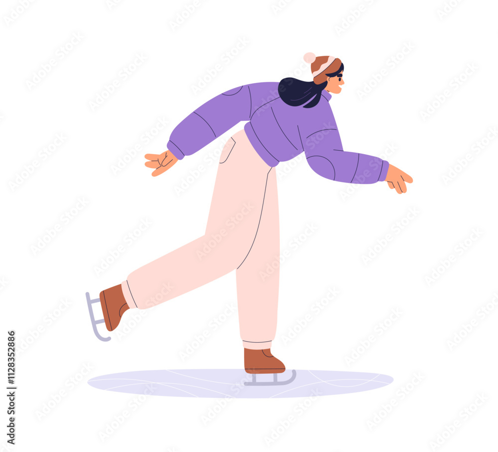 Ice skating in winter. Happy female skater enjoying leisure activity on ...