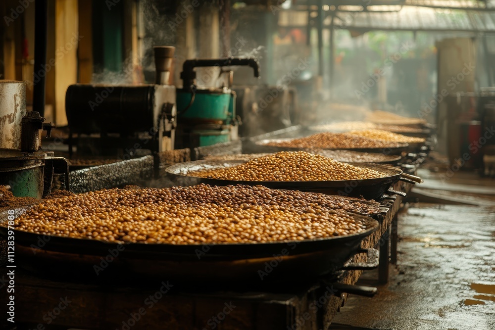 Large roasting pans overflow with golden-brown nuts. Image depicts the ...