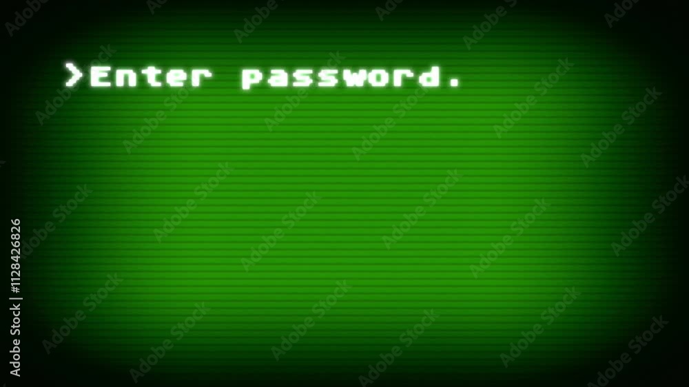 Retro-style computer prompt animation decoding ENTER PASSWORD text on ...