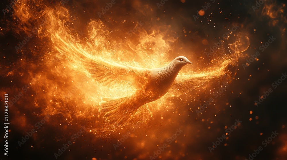 holy spirit dove in flames dove flying in the air on a background of ...