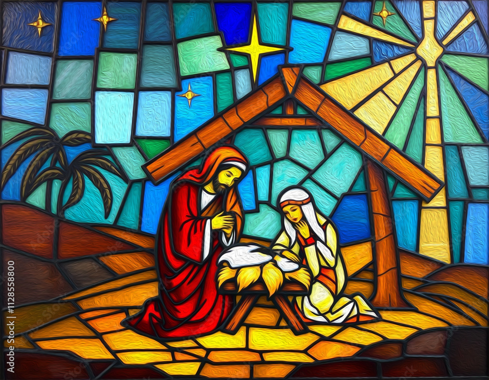 Stained glass window. The Nativity of Jesus. Christmas card design ...