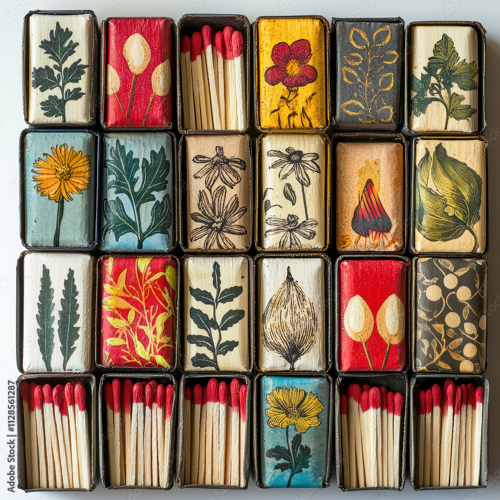 Artistic arrangement of colorful matchboxes featuring floral designs ...