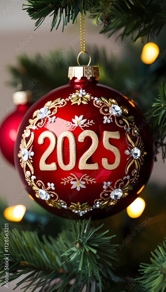 Esfera navideña roja con "2025", adornada con detalles dorados y ...