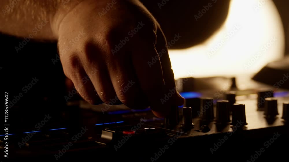 Close-up of a dj's hands manipulating knobs and buttons on a mixing ...