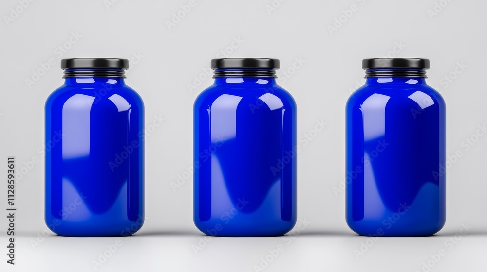 Three blue jars with black lids. The jars are placed on a white ...