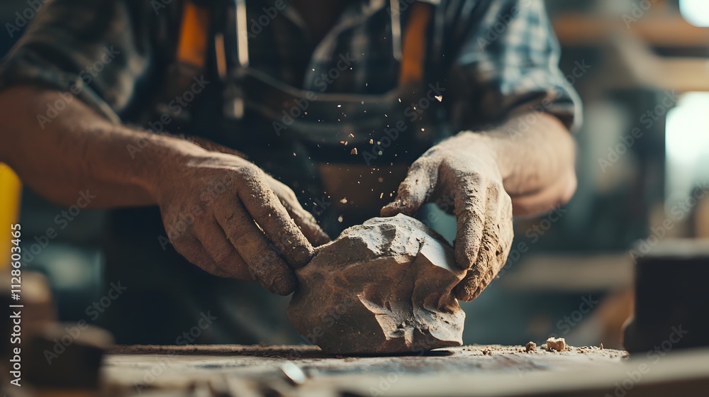 An apprentice sculptor learning to shape stone under the guidance of a ...