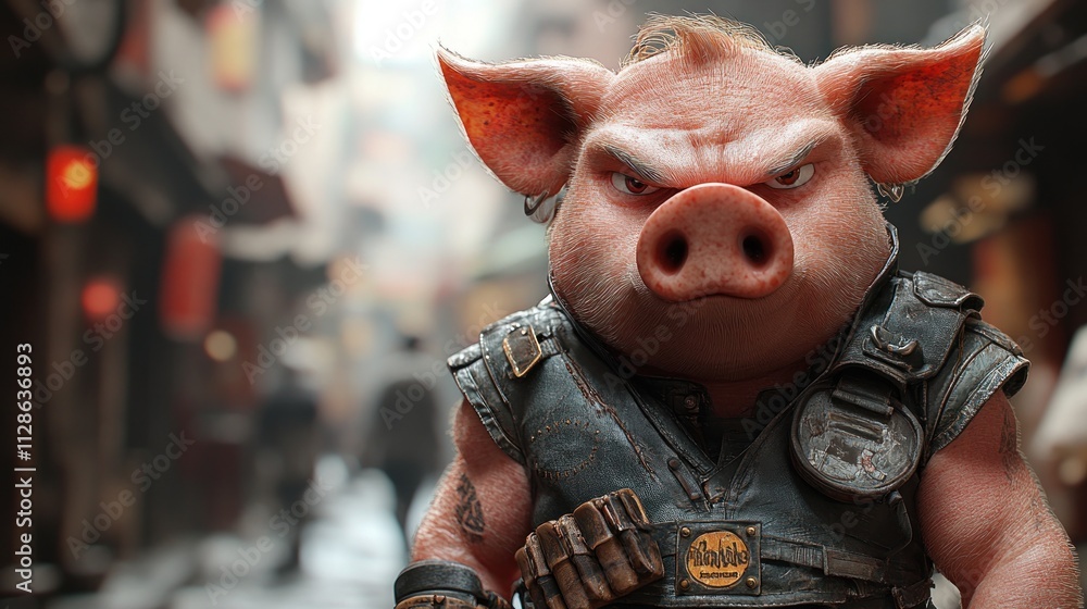 Angry pig character in a dark alleyway, wearing leather vest and ...