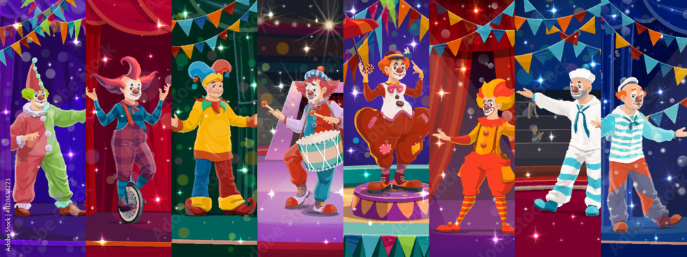 Cartoon circus clown characters collage. Vector funnyman artists on big ...