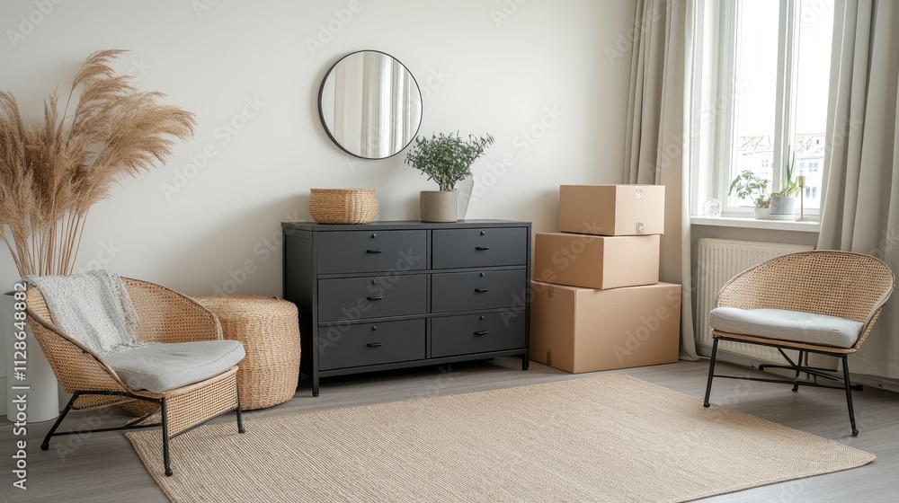 Cardboard boxes and furniture clutter the floor of an empty room with ...