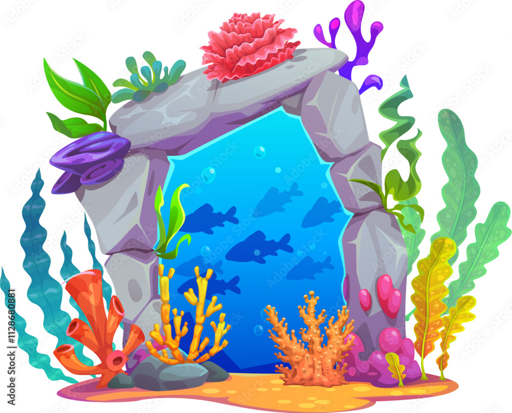 Magic game underwater sea portal, stone gate and door. Cartoon vector ...