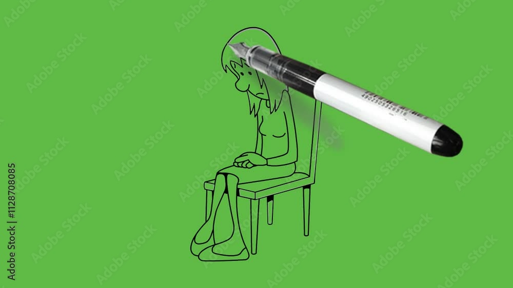 draw sad and angry young girl sit on chair keep hand in hand in her lap ...