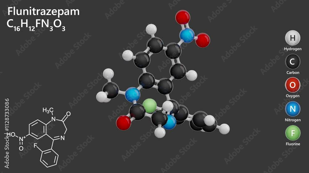 Flunitrazepam. Animated 3D model of a molecule. Molecular formula ...