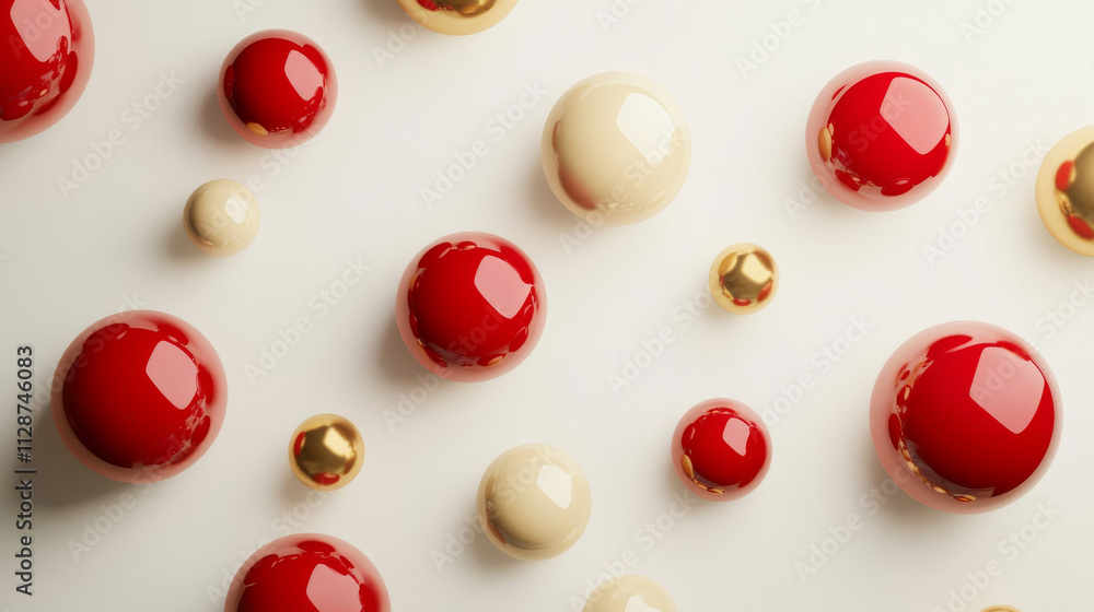 Colorful arrangement of shiny red, white, and gold spheres creating a ...