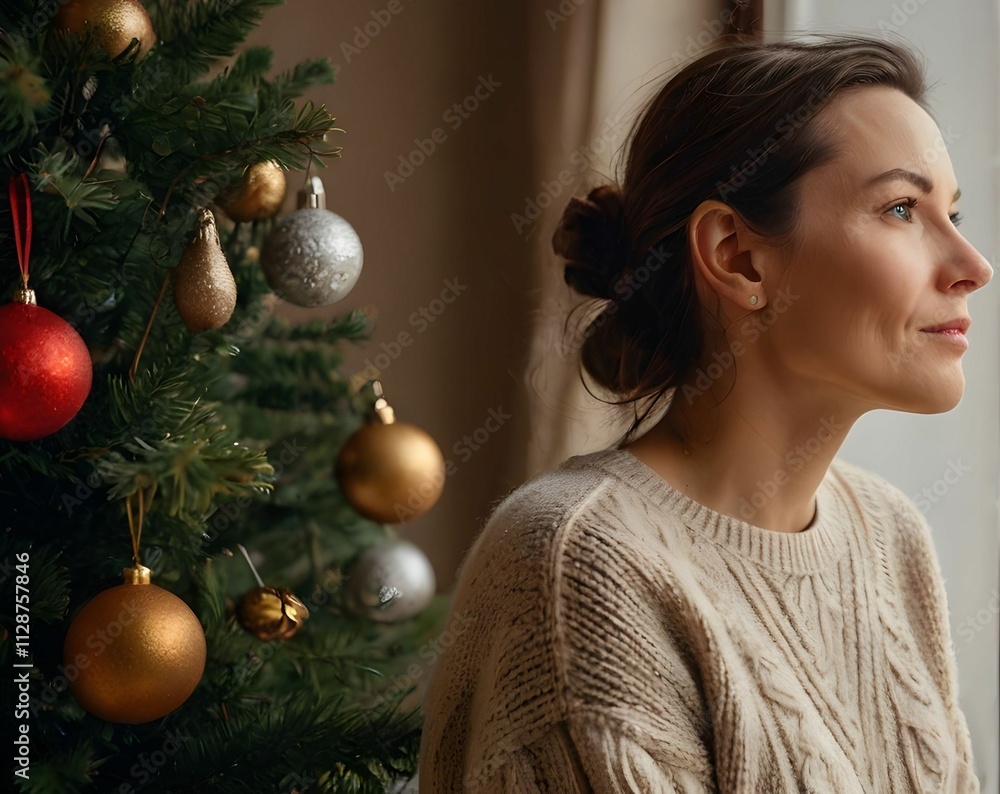 Single woman spending time alone in her home with Christmas tree ...