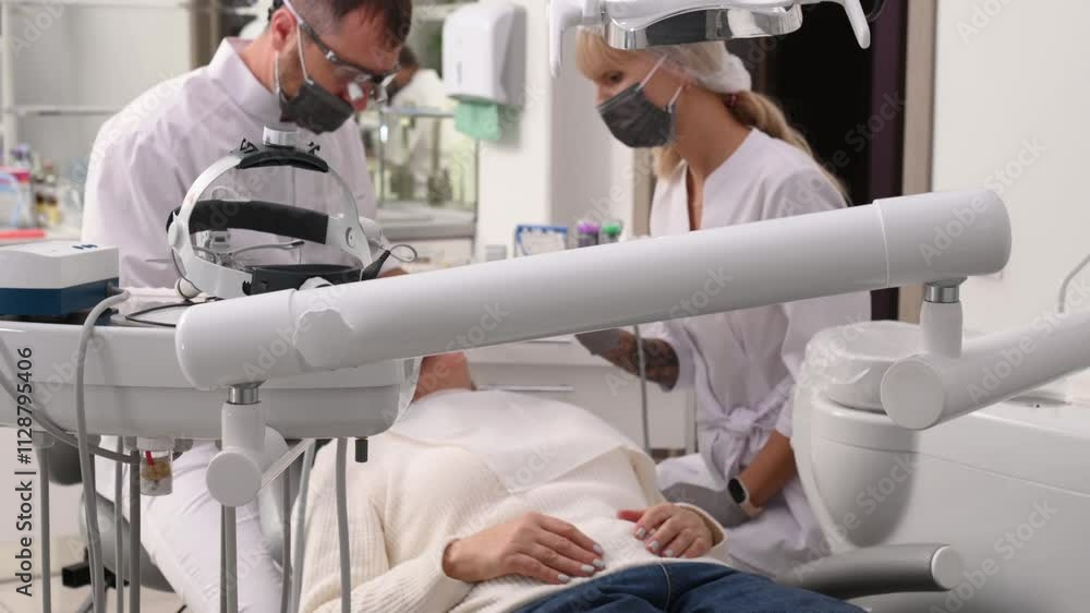 Male dentist with female assistant treat caries in mature woman in ...