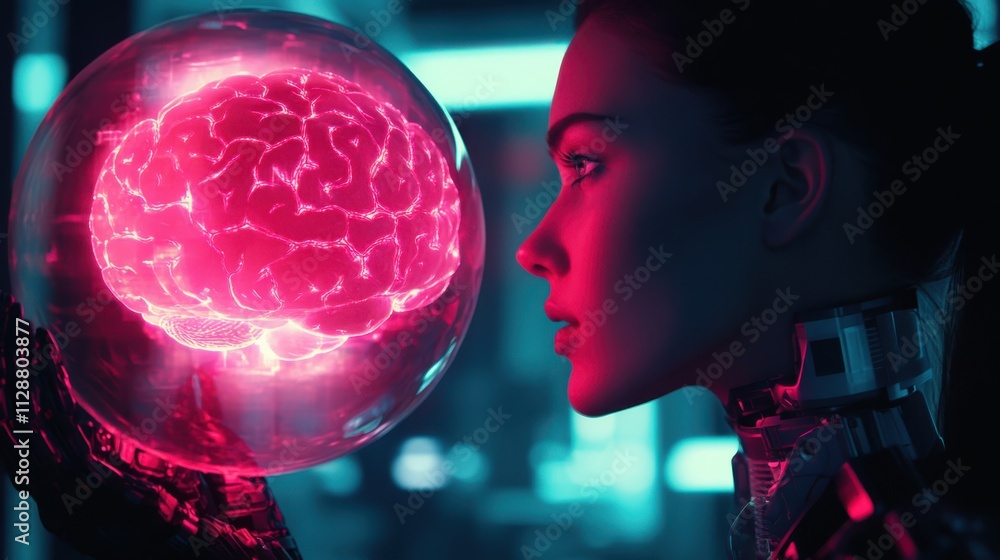 A cinematic composition of a female android with a translucent skull ...