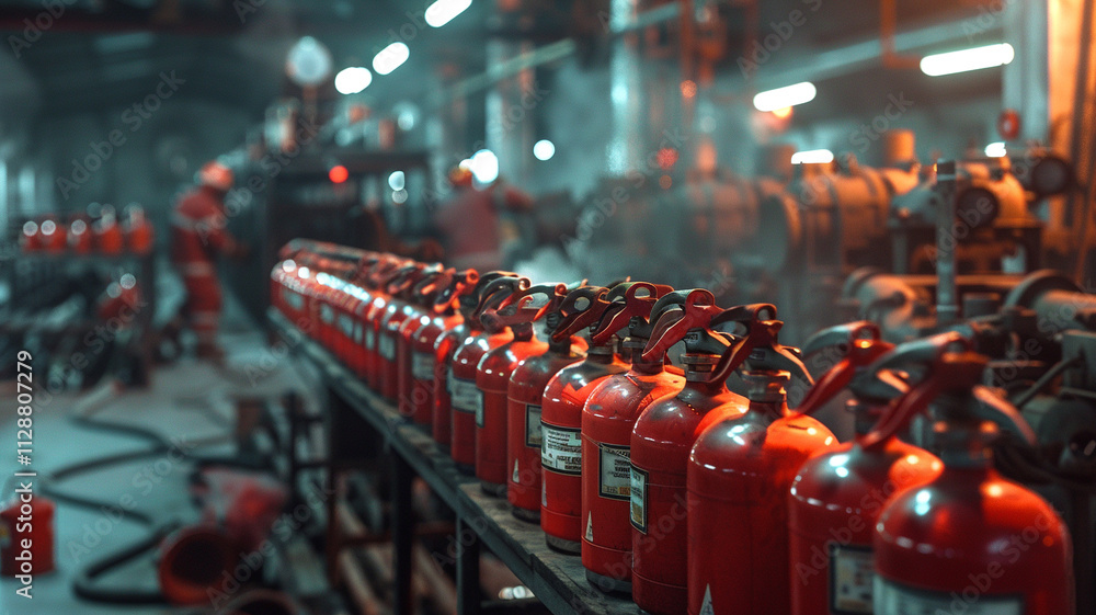A factory manufacturing fire extinguishers. Workers assemble canisters ...