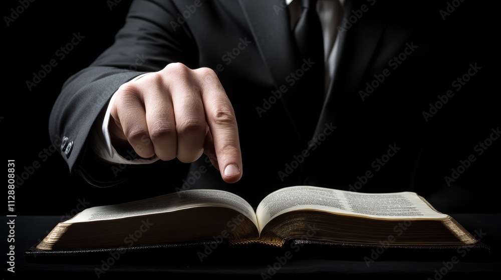 Confident man in a formal suit pointing to a meaningful text in an open ...