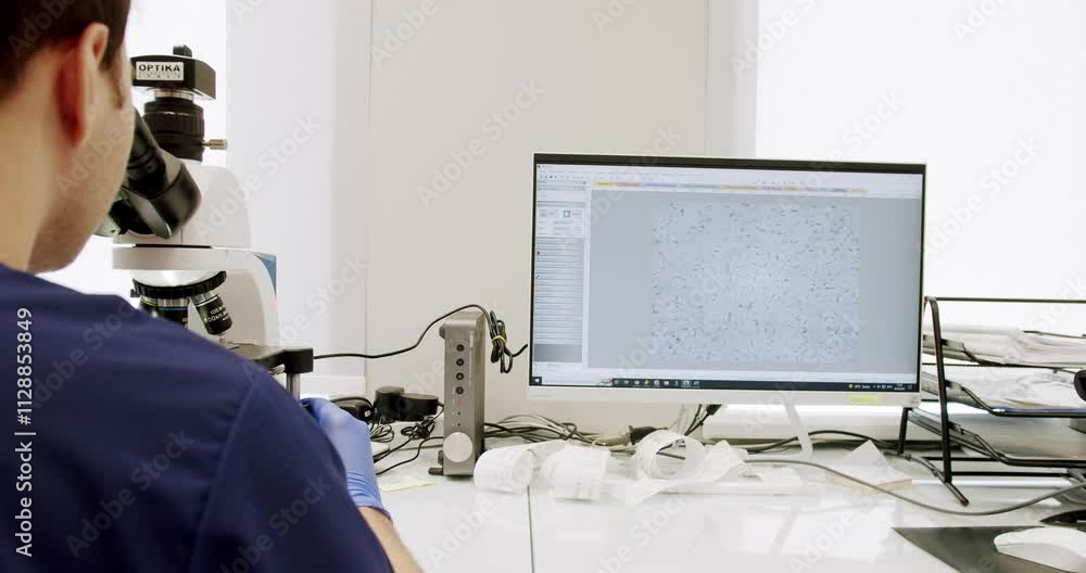 Scientist in sperm laboratory. Lab worker is regulating a microscope ...
