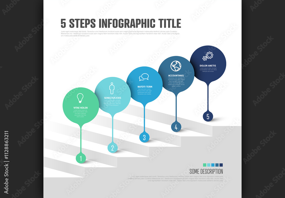 Creative diagonal timeline template with five blue and green droplets ...