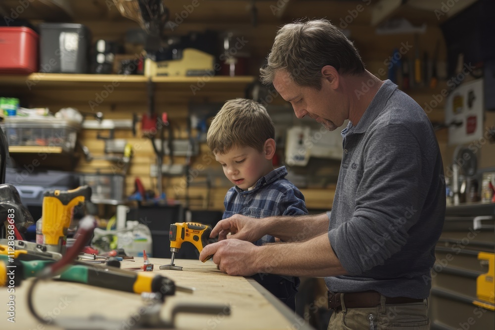 Dad teaches son to use hand tools in garage for skill development and ...