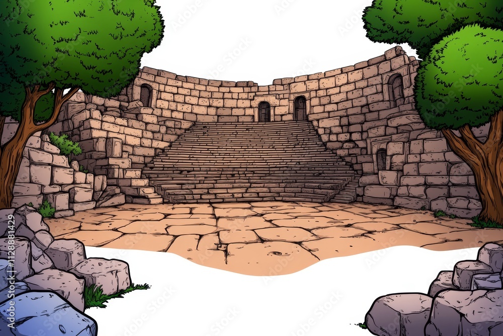 A flat 2D drawing of Ephesus amphitheater, with minimal color accents ...