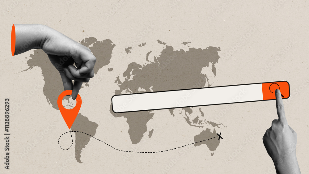 The human hand puts a location pin on the world map and searches the ...