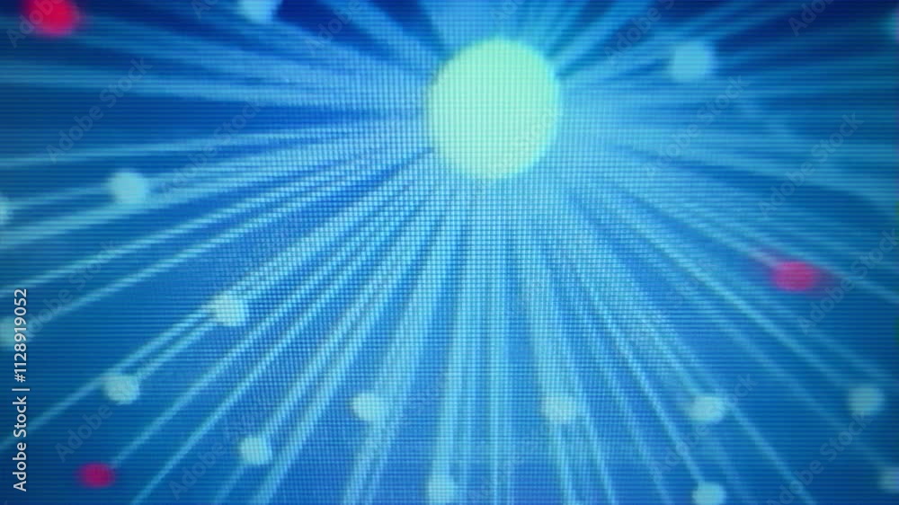 Closeup of computer monitor with blue animated scientific diagrams showing connected dots ...