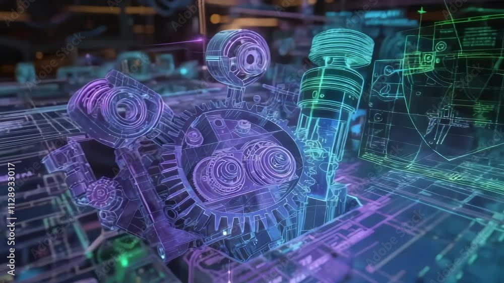 Mechanic is using ar software to analyze a futuristic engine. The ...