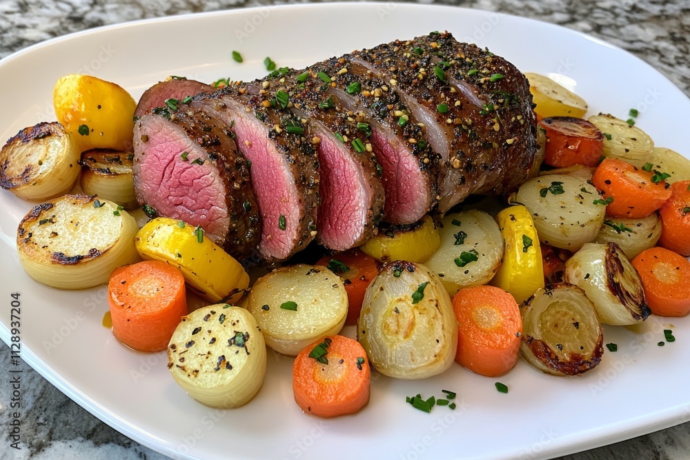 Lomo de res en término medio, servido con zanahorias, nabos y papas ...