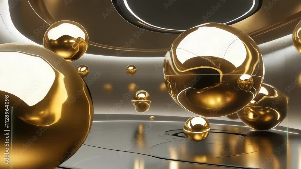 Suspended metallic spheres float in a modern architectural space ...
