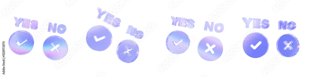 Set of 4 3d glass yes no buttons with text shape with aberration effect ...
