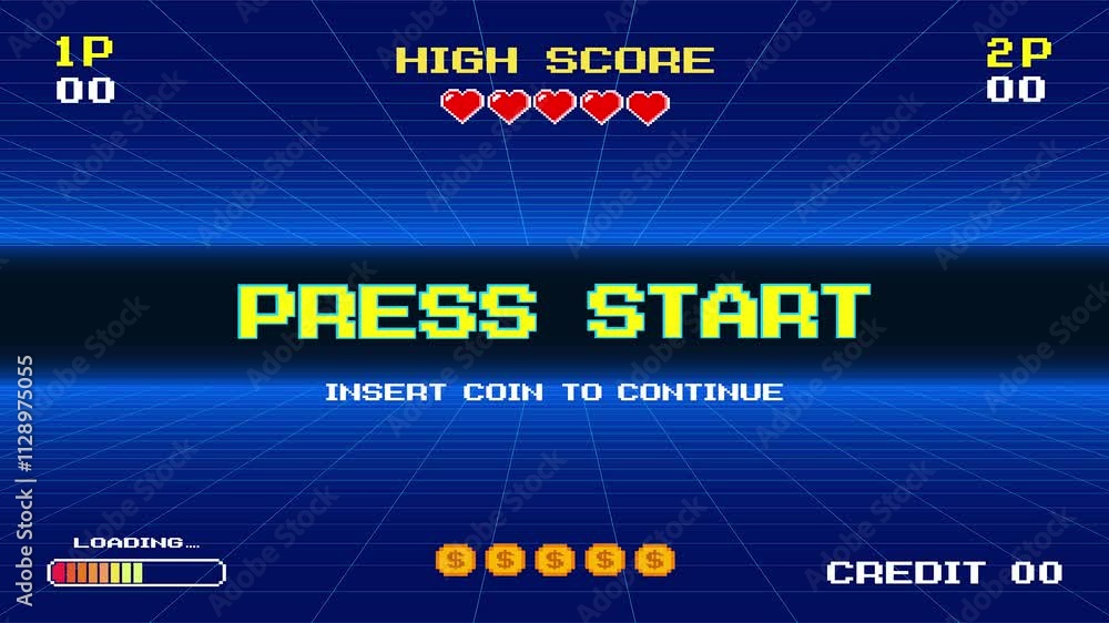 PRESS START. insert coin to continue. pixel art 8-bit game retro game ...