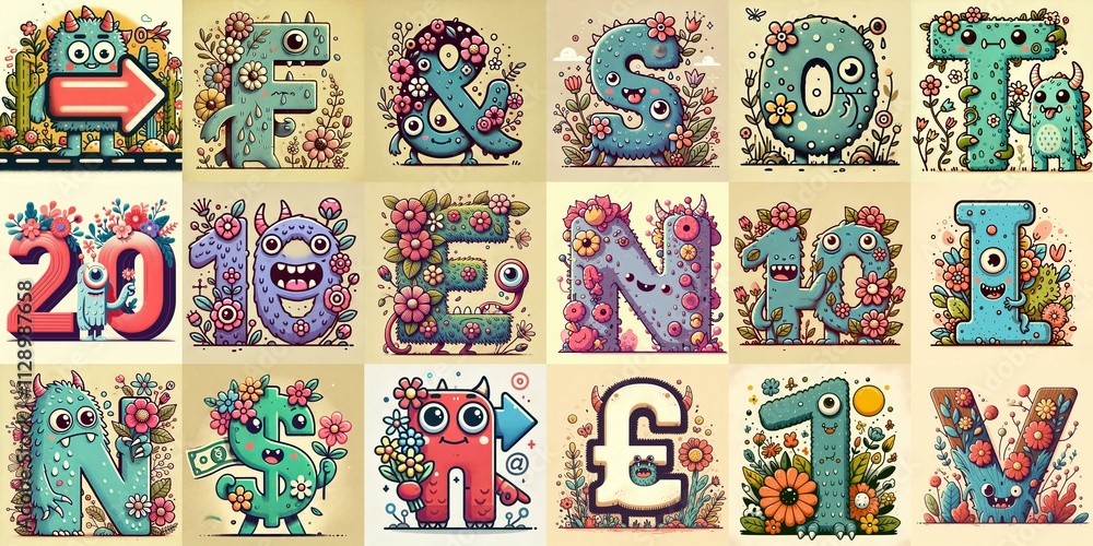Cartoon Flowers Monster Lettering Typeface. AI generated illustration ...