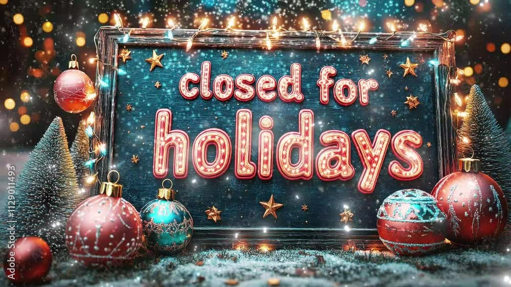 Chalkboard sign announcing closure for festive holidays with decorative ...