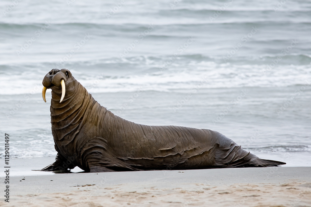 A large animal on the beach. Black walrus waves in the sea. Walrus on a ...