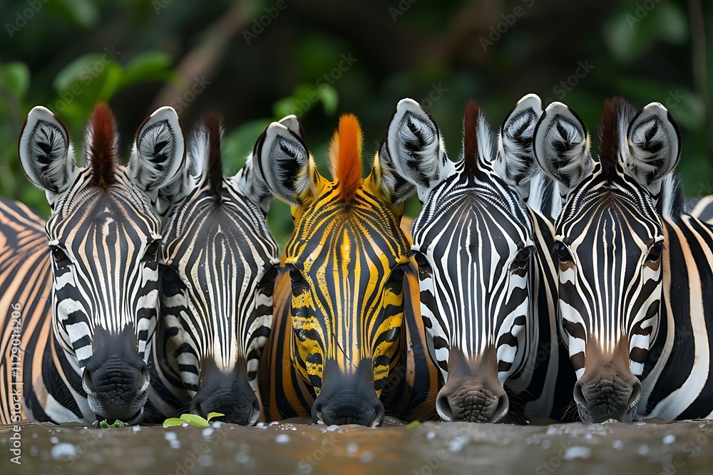 Five zebras drinking water, one with unique orange and yellow stripes ...